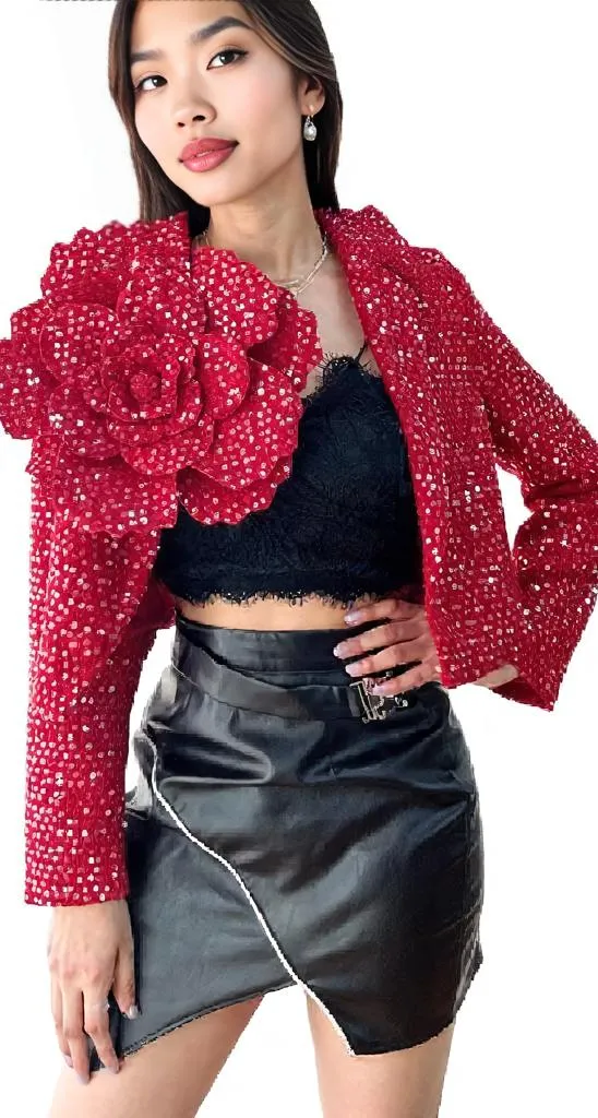Red Sequin Cropped Jacket with Flower – Petunias of Naples