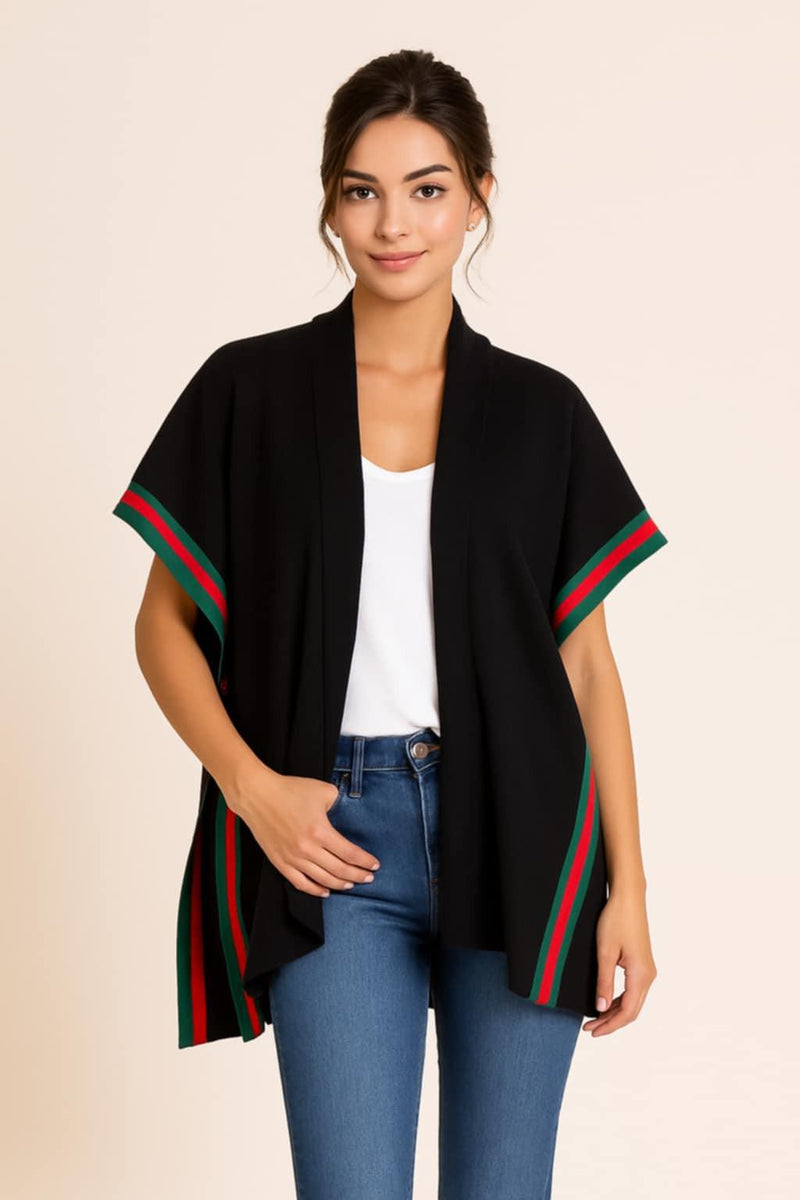 Chic Black Knit Ruana with Green & Red Trim – Open Front Cape ...