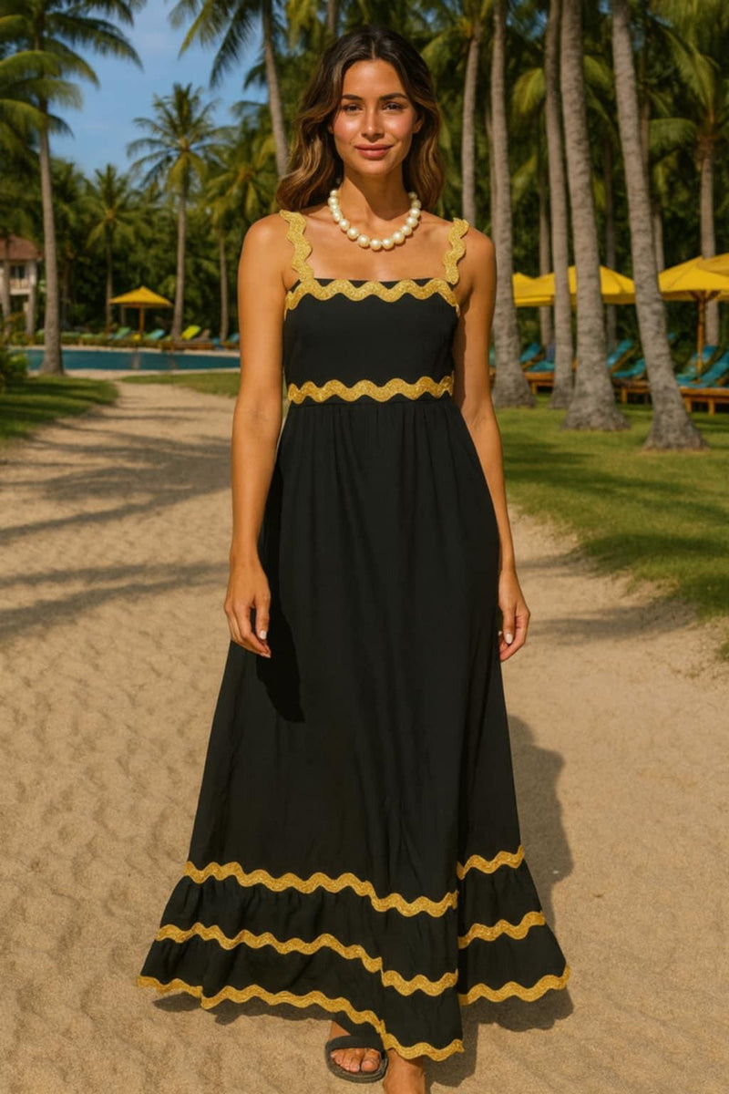 Black Maxi Sundress with Gold Ric Rac Trim – Resort Chic Style ...