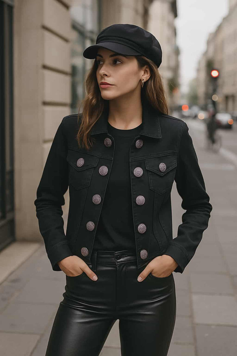 Orly Black Denim Jacket with Statement Buttons – Urban Chic Style ...